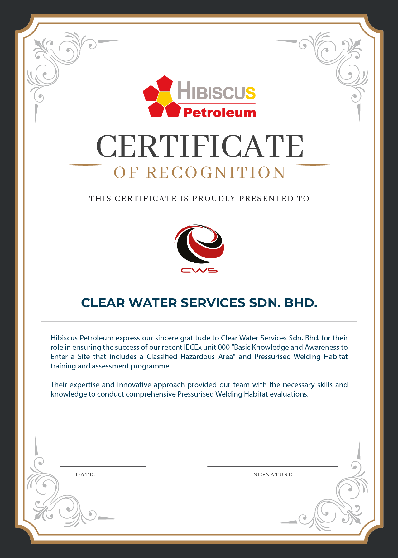 Certificate Of Recognition Clear Water Services – CLEAR WATER SERVICES